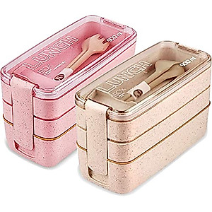 2 Pack Bento Lunch Box, Iteryn Stackable Bento Box, 3-In-1 Compartment - Wheat Straw, Leakproof Eco-Friendly Bento Lunch Box Meal Prep Containers