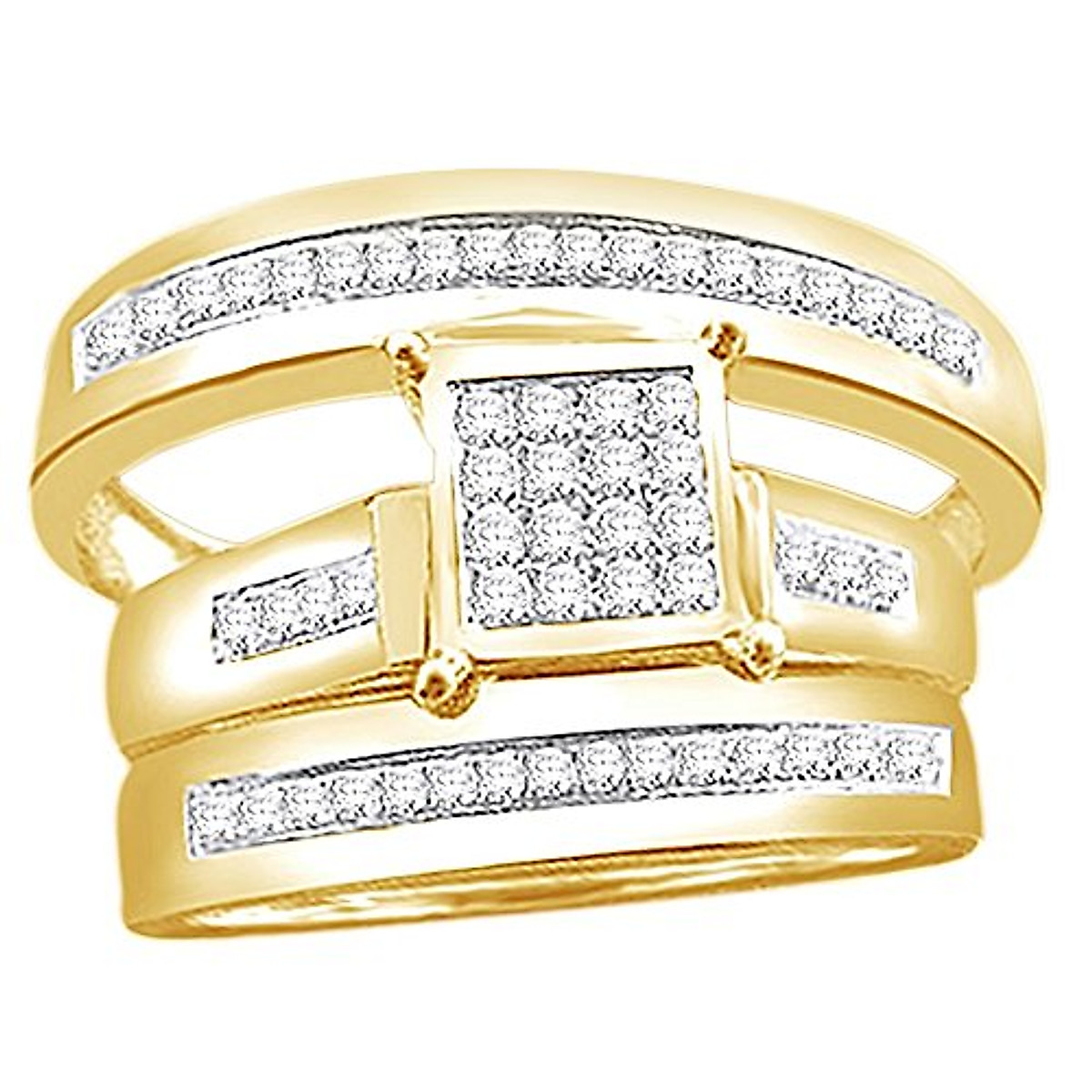 AFFY White Natural Diamond Engagement & Wedding Trio Band Ring Set in 14k Yellow Gold Over Sterling Silver (0.33 Carat)