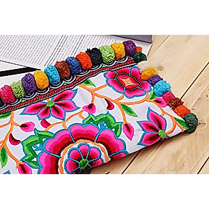 changnoi Handmade Clutch Bag with Hmong Tribes Embroidery (Silkworm White, Multi Pom)