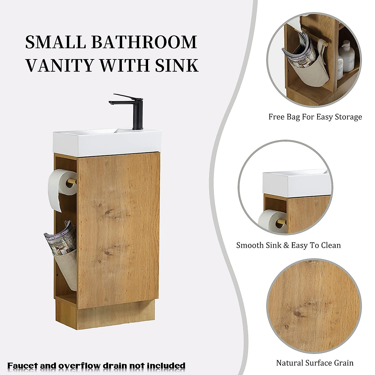 JINDOLI 16“ Bathroom Vanity Sink Combo for Small Space, Modern Floor-standing Small Bathroom Vanity with Sink, Small Bathroom Sink Cabinet Set with 2 Toilet Paper Holders, Snaefell Oak