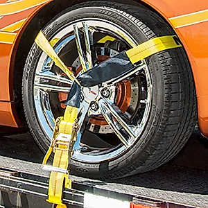 VULCAN Economy Car Tie Down Kit with 4 Lasso Straps, 4 Flat Hook Ratchets, and 4 Free 36 Inch Axle Straps - 3,300 Pound Safe Working Load