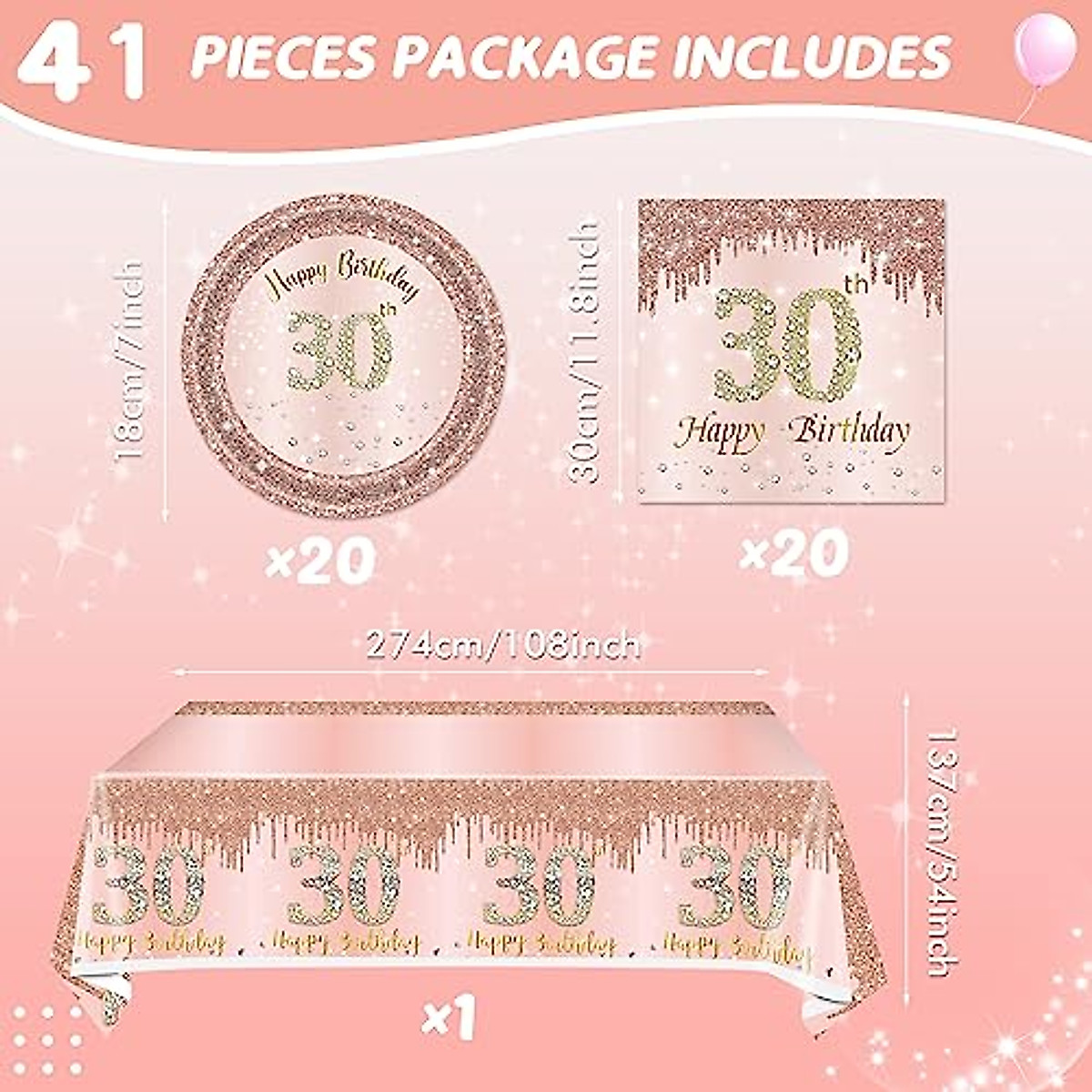 41Pcs 30th Birthday Decorations for Women, Rose Gold Birthday Party Supplies Include 20Pcs Plates 20Pcs Napkins and 1Piece Tablecloth, Pink 1993 Aged Birthday Party Tableware for 20 Guests