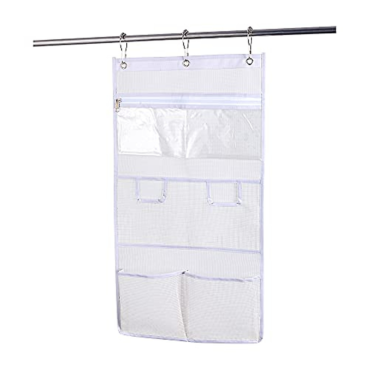 Dearjana Mesh Shower Caddy with Touch-sensative Pocket, Bathroom Hanging Mesh Bath Organizer Shower Curtains Rod Hanging Caddies with 3 Rings, Bathroom Accessories Organization, Space Saving(White)