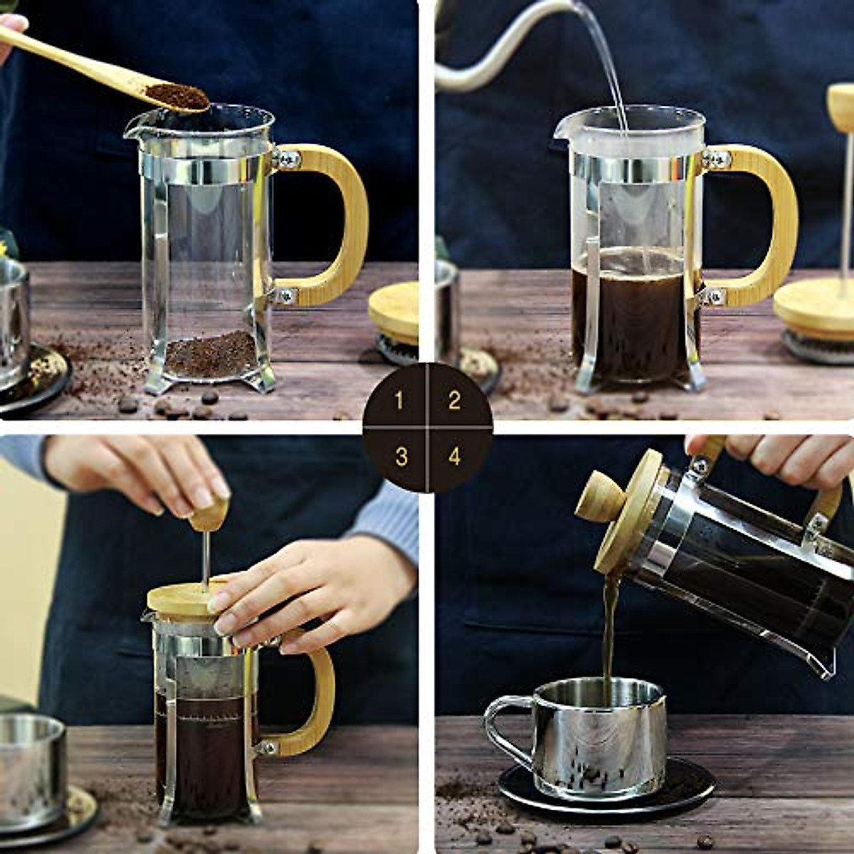 Sivaphe 12 oz French Press Coffee/Tea Maker Single Cup Espresso Press Stainless Steel Filter 0.35L High Borosilicate Carafe Durable Bamboo Handle Small Coffee Maker