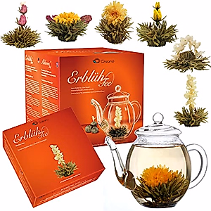 Creano Flowering Tea Gift Set - White Tea – 6 Blooming Tea with 17oz Glass Teapot