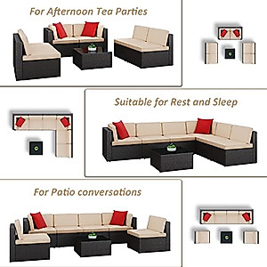 Greesum Patio Furniture Sets 7 Piece Outdoor Wicker Rattan Sectional Sofa with Cushions, Pillows & Glass Table, Beige