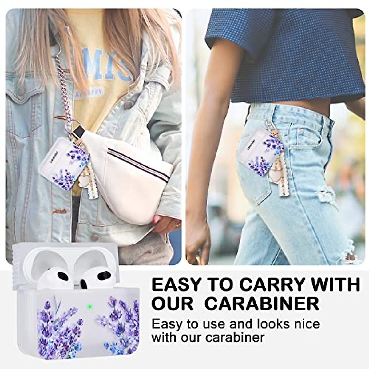 Purple Lavender Case for Airpods 3rd Generation (2021) Cover Clear for Women Girls with Flower Floral Pattern & Cute Love Heart Keychain Skin Soft Silicone Shockproof Protective Cover