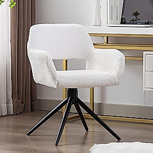 ABET Fluffy Desk Chairs Set of 2, Modern Swivel Accent Home Office Chair No Wheels, Hollow Back & Metal Legs, Faux Fur Vanity Chair for Teen Girls Women Side Armchair for Bedroom Living Room White