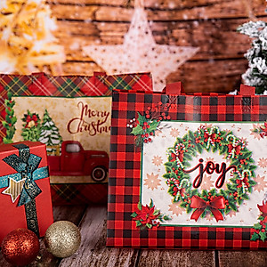 Whaline 12Pcs Christmas Plaid Large Tote Bags with Handles Reusable Red Grocery Shopping Bag Non-Woven Bags Black Green Lattice Gift Bag Truck Wreath Waterproof Party Treat Goodie Bag for Favors