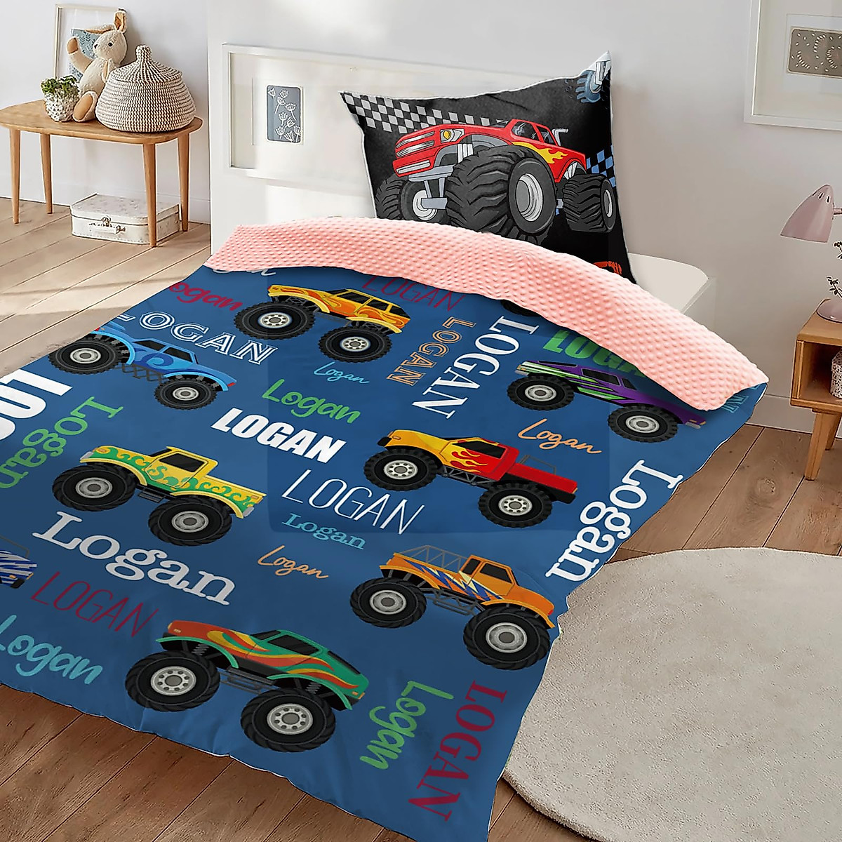 Custom Name Blanket - Personalized Flannel Bed Blanket with Double Layer Dotted Backing - Car Monster Truck Tractor Excavator Train with Multi-Fonts Name Design for Baby Kids Boys Girls Gifts Color08