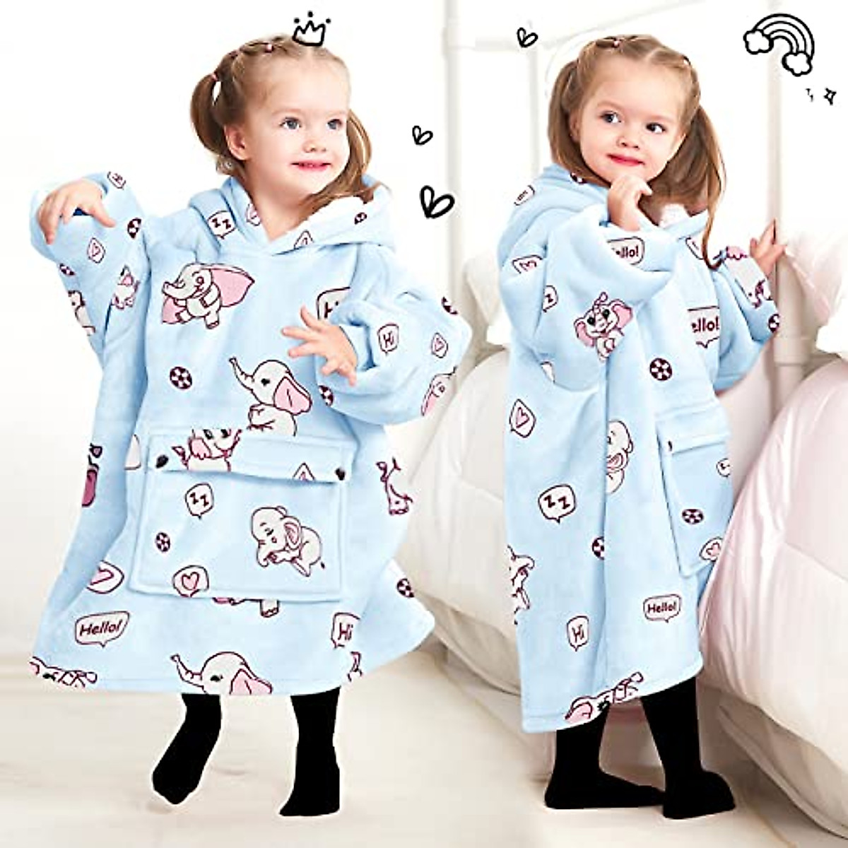KFUBUO Wearable Blanket Hoodie for Kids Toddlers Sherpa Blanket Sweatshirt With Pocket Cute Hoodies 2-6 Year Old Girl Boy Birthday Gifts Elephant