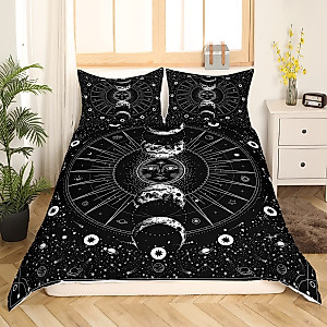 Manfei Sun Moon Comforter Cover Set Stars Space Psychedelic Duvet Cover Black and White Bedding Set 3pcs for Kids Boys Teens Microfiber Bedspread Cover with 2 Pillow Cases(No Comforter) Full Size