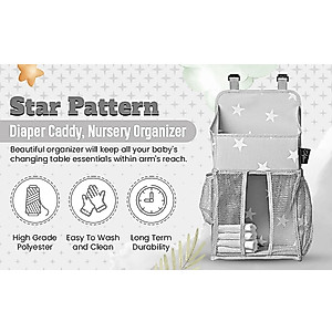 Star Pattern Diaper Caddy and Nursery Organizer for Newborn Baby Essentials, Hang on Crib, Baby Bed. Changing Table or wall. Multiple Pockets to Store Wipes, Creams, Lotions, Toys and more.