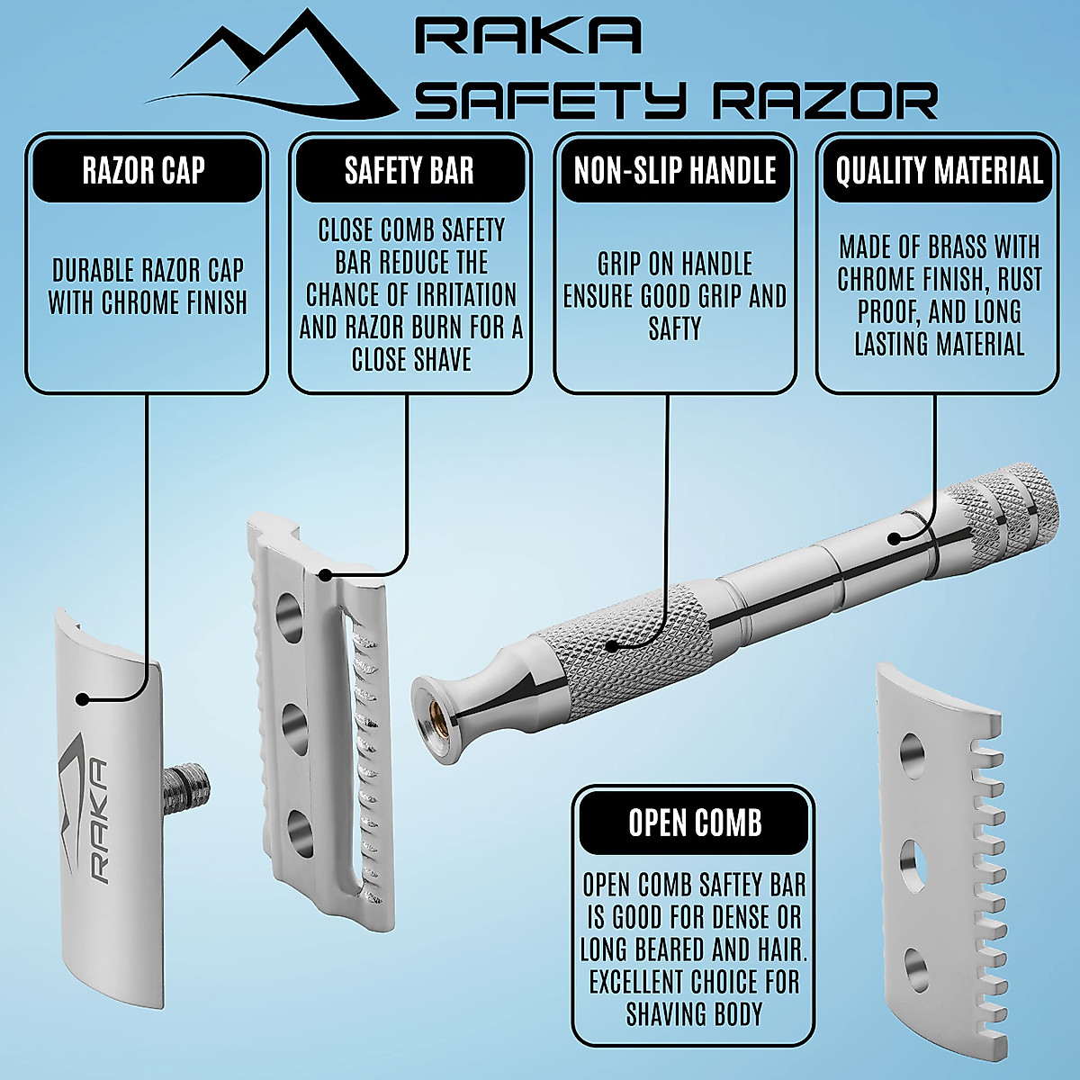 Raka Long Handle Double Edge Safety Razor for Men With Extra Free Open Comb - Twist to Razors, Along 10 stainless Steel Blades better shaving experience, silver, 12 Piece Set