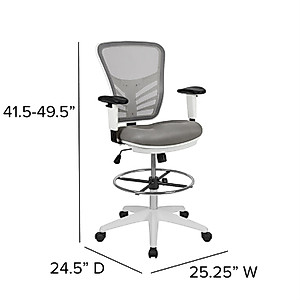 Flash Furniture Tyler Mid-Back Light Gray Mesh Ergonomic Drafting Chair with Adjustable Chrome Foot Ring, Adjustable Arms and White Frame