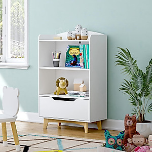 UTEX Kids Bookshelf, Children Bookcases with Storage and Drawer, Wood Kids Toy Storage Organizer for Playroom,Bedroom, Nursery School, White