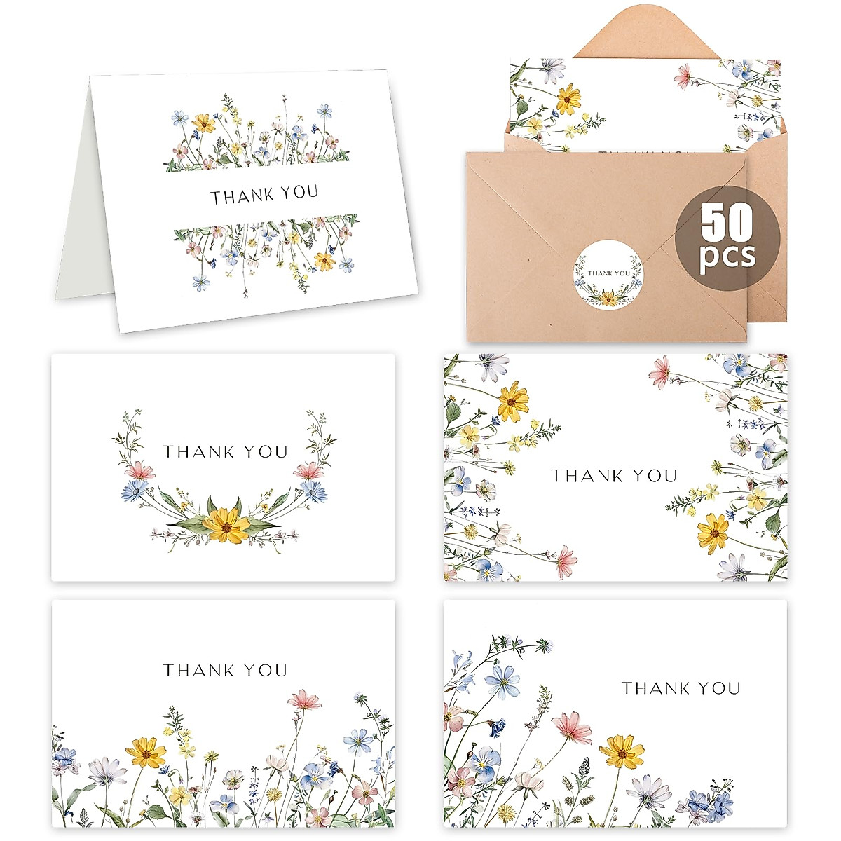 FUHITIM Thank You Cards with Envelopes(50 pack 4x6), Blank Cards with 5 Wildflower Designs, Perfect for Bridal Shower, Baby Shower, Wedding, Birthday, All Occasion