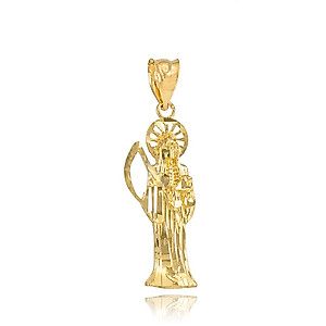 10K Yellow Gold Diamond Cut Santa Muerte Charm Pendant Necklace, 16" Chain