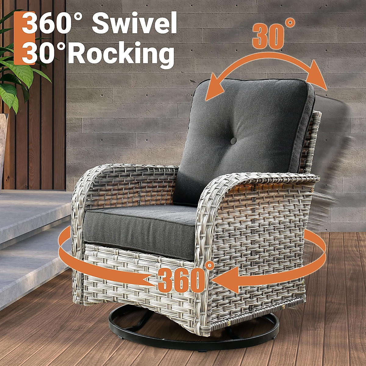 ovios Outdoor Swivel Rocking Chair Set of 3 with Coffee Table, Patio Wicker Rocker with Comfortable Thicken Deep Seating, Comfy Rattan Glider Chairs for Porch Deck Balcony Garden Backyard (Black)