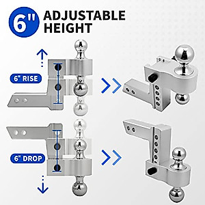 Boiarc Adjustable Trailer Hitch, 6" Drop/Rise Drop Hitch Ball Mount for 2-Inch Receiver, 2" and 2-5/16" Stainless Steel Dual Balls 12,500 LBS GTW, Aluminum Tow Hitch with Double Anti-Theft Pins Locks