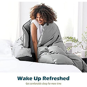 Cobnom Organic Feathers Down Comforter Queen Size, All Season Feathers Down Duvet Insert, Soft 100% Cotton Covered Bed Comforter Insert with Ties, Light Grey, 90x90