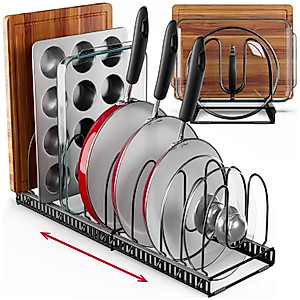 Better Things Home Expandable Pot and Pan Organizer Rack for Cabinet, Pot Lid Organizer Holder with 10 Adjustable Dividers, Anti-Scratch Padding - For Baking Sheet Organizer, Frying Pan Storage (Grey)