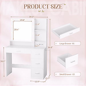 Furmax Vanity Desk with LED Lighted Mirror&Power Outlet, 39.3’’ Makeup Vanity Table with 4 Drawers and 3 Storage Shelves, Adjustable 3 Lighting Colorfor Bedroom&Dressing Room (White)