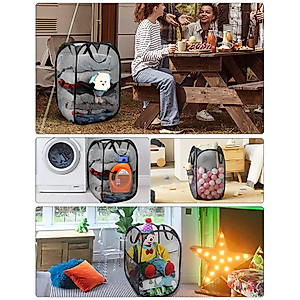 2 Pack Upgraded Heavy Duty Large Mesh Collapsible Laundry Basket with Pocket and Carry Handles, Foldable Dirty Clothes Pop up Laundry Hamper for Dorm Bathroom Bedroom Travel Camping