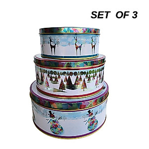 hadaaya Pack of 3 Round Tin Containers With Lids, Snowfall Themed Festive Cookie Tins For Cookies, Candies, Popcorn and many more | Tins For Gift Giving