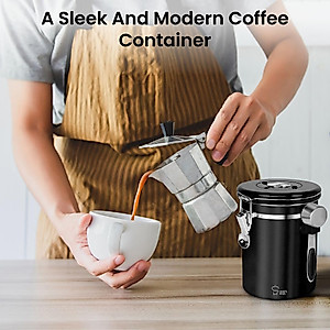 Chef's Star Coffee Canister, Airtight Coffee Container for Ground Coffee with Scoop - Stainless Steel Built In Valve, Date Tracker - For Tea, Flour, Cereal, Sugar, Coffee Bean Storage, 21 Oz, Black