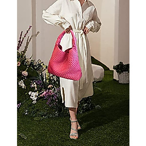 Woven Tote Handbags + Purse For Women Vegan Leather Shoulder Top-Handle Travel Shopper Bag Ladies Large Capacity Underarm Bag Rose Pink