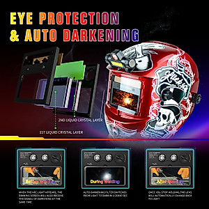 TRQWH Auto Darkening Welding Hood Welding Helmet Solar Powered True Color Welding Mask 2 Arc Sensor Wide Shade 9-13 Flaming Skull Welder Helmet with Grinding Cut for MIG TIG ARC