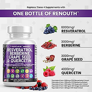 Resveratrol 6000mg Berberine 3000mg Grape Seed Extract 3000mg Quercetin 4000mg Green Tea Extract - Polyphenol Supplement for Women and Men with N-Acetyl Cysteine, Acai Extract - Made in USA 60 Caps