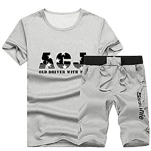 xzbailisha Men's 2 Piece Outfits Loose Crewneck Short Sleeve Lettsr Print T-shirts & Shorts Tracksuit