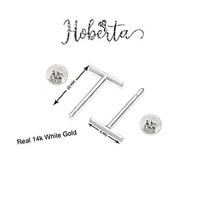 Hoberta Real 14K Solid Gold Tiny Line Bar Stud Earrings for Women & Girls - Hypoallergenic for Sensitive Ears, Small & Minimalist Jewelry for Gifts (Small Line White Gold)