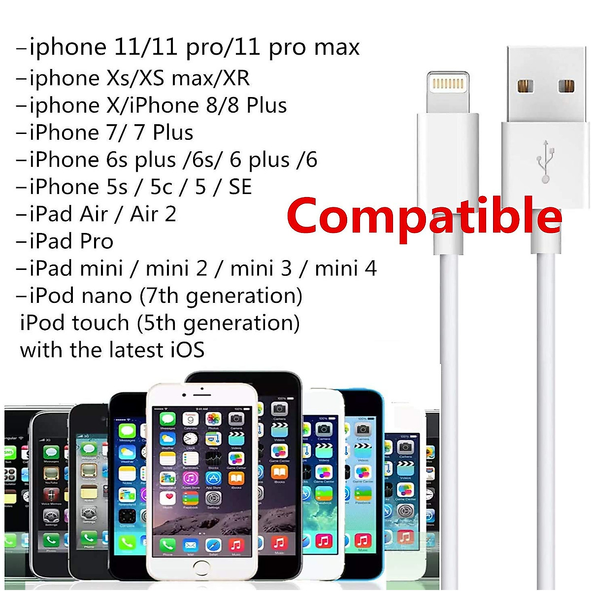 Sharllen 5 Pack iPhone Lightning Charging Cables (3FT/6FT/10FT), Fast Charging & Sync, Compatible with iPhone 14/13/12/11/XS/Max/XR/X/8/7/6/5 & More (White)