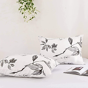 NANKO Queen Pillow Case Set (2 Pack), White Floral Printed Pattern Pillowcases/Pillow Shams for Modern Duvet Cover/Bed Sheets Set- 20x30 inch Standard, Grey Flower Leaf