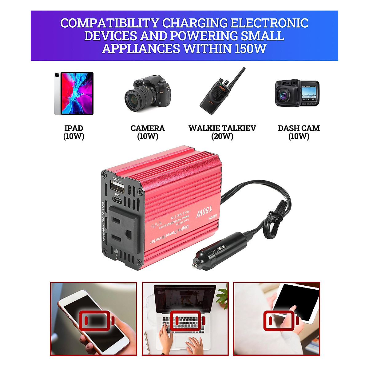 Zlirfy Car Inverter,Power Inverter,150W Car Power Inverter,Car to Outlet Adapter with USB+Type-C PD Dual Interface,Car Accessories Car Power Adapter,Car Plug Outlet Adapter