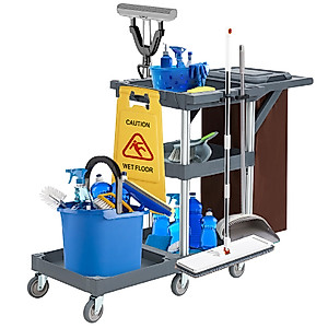 Commercial Janitorial Cleaning Cart on Wheels - Black Housekeeping Caddy with Cover, Shelves and Vinyl Bag