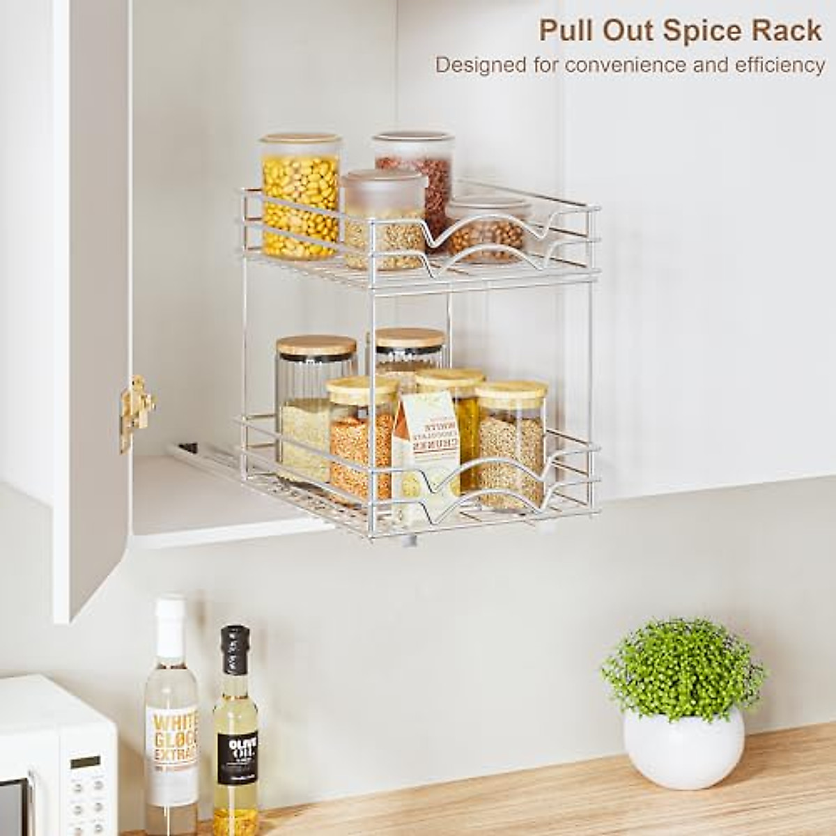FANHAO Pull Out Spice Rack Organizer for Cabinet, Heavy Duty Slide Out Seasoning Kitchen Organizer, 2 Tier Cabinet Organizer Under Sink Organizers, 8.7" W x10.3 D x10.8 H, Chrome