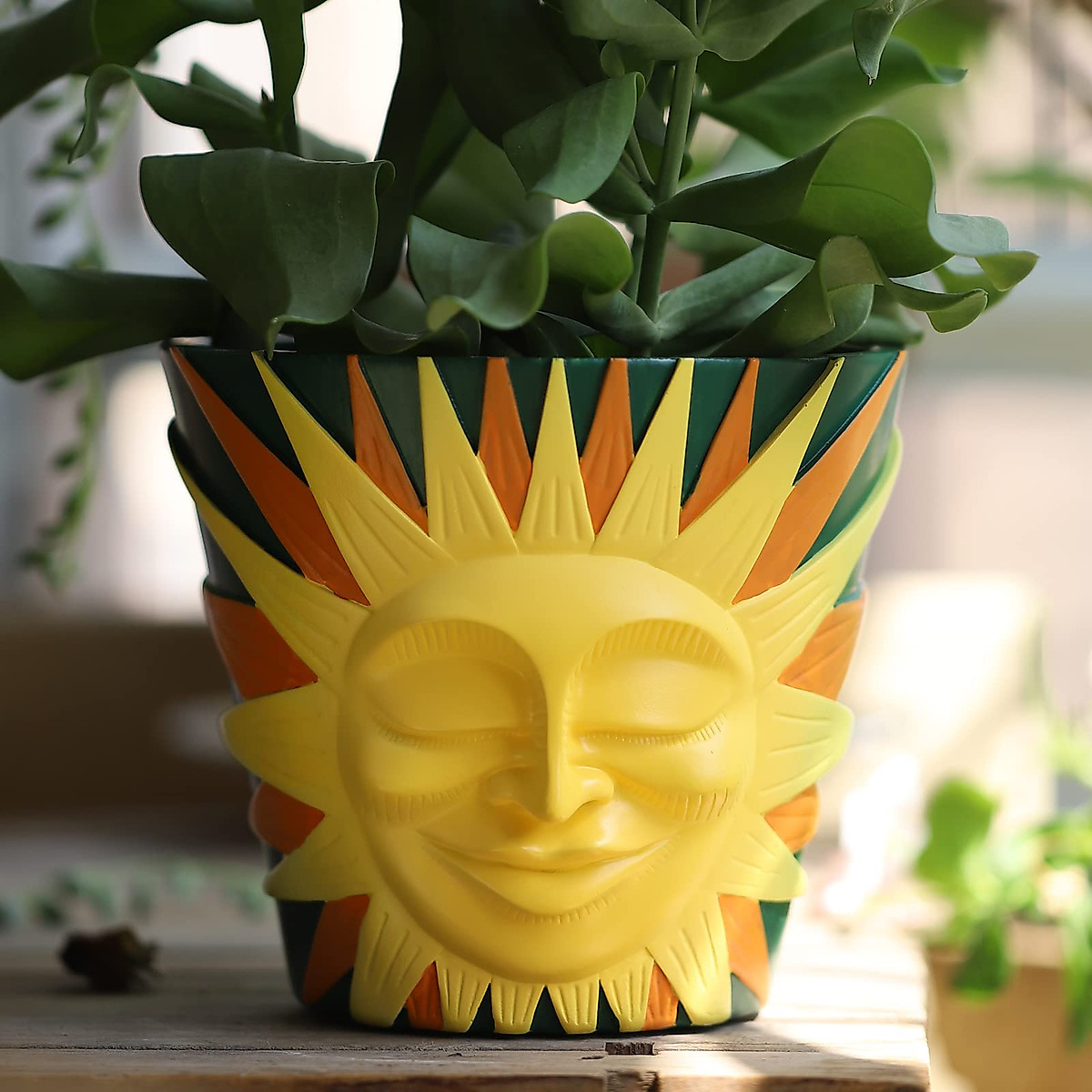 GUGUGO Sun Face Planters Pots Head Unique Head Planter with Drainage, Cute Flower Plant Pot for Indoor & Outdoor Plants, Funny Succulent Gardening Pots for Plant Lover Gifts (Green Back,5.5Inch)