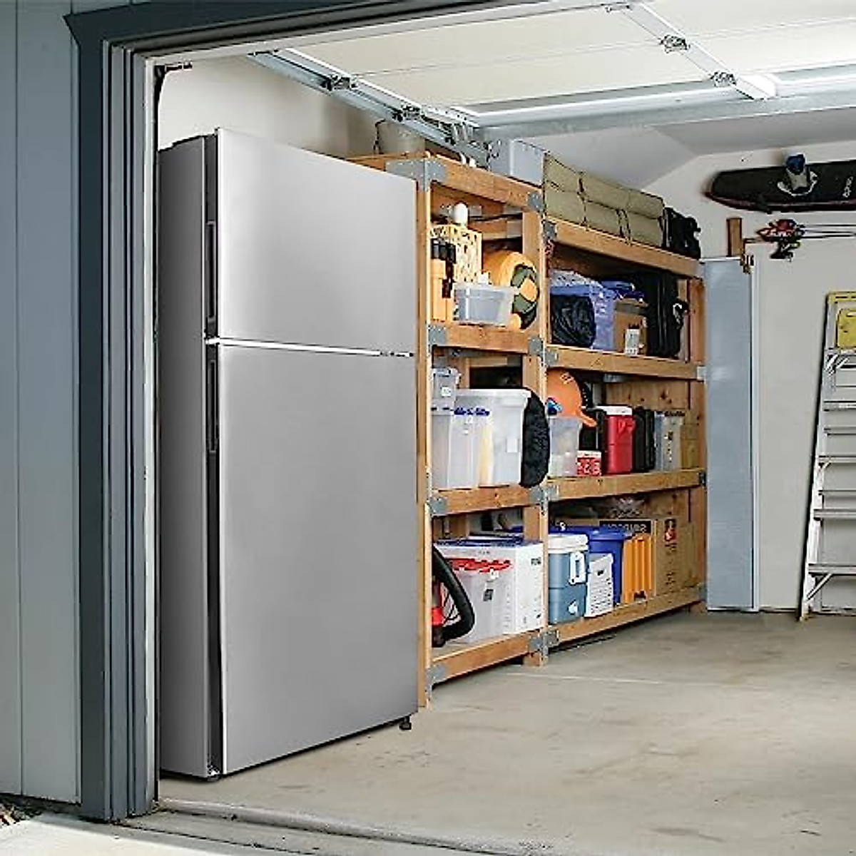 SMETA Refrigerator with Freezer Top 18 Cu. Ft Garage Refrigerators 30" Top Mount Full Size Stainless Steel for Kitchen Fridge, Frost Free Double Door Upright Freezer Led Light, Garage Ready