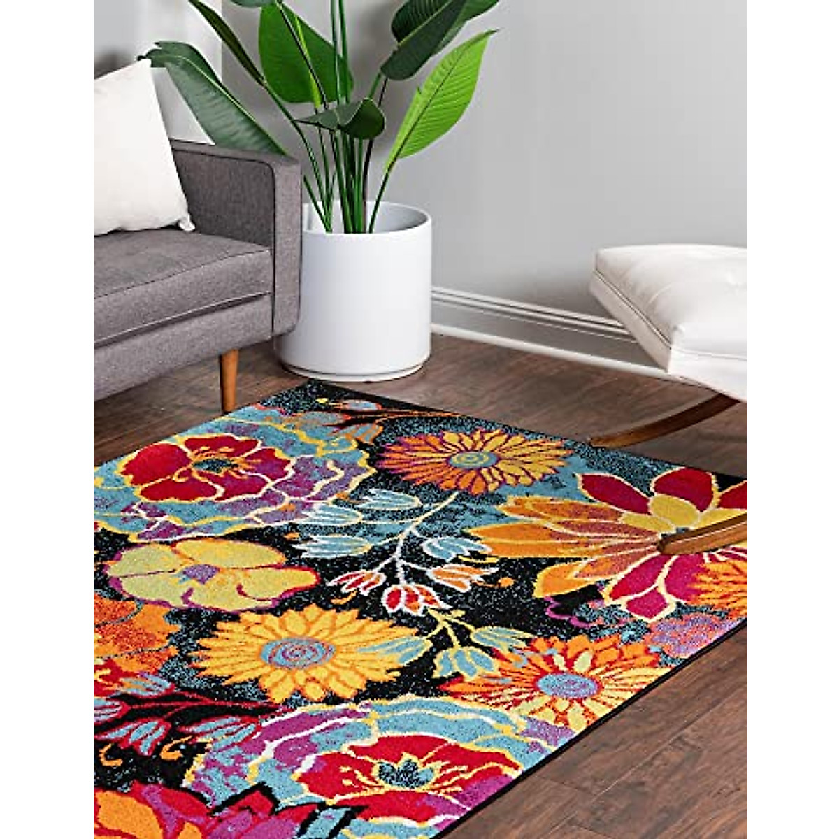 Unique Loom Lyon Collection Colorful Modern Floral Garden Area Rug, Rectangular 9' 0" x 12' 2", Black/Green