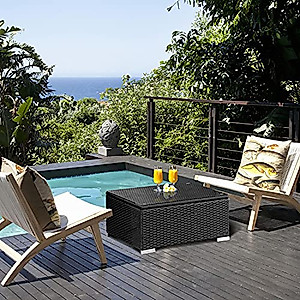 Betterland Patio Furniture Rattan Square Outdoor Coffee Tables, All-Weather Wicker Coffee Table with Tempered Glass Top for Living Room, Backyard, Balcony, Poolside, Garden (Black Brown)