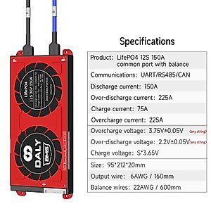 DALY Smart BMS LiFePo4 12S 36V 150A PCB Battery Protection Board with UART Communication and CAN 485 Bluetooth Battery Monitoring Module for Household Energy Storage