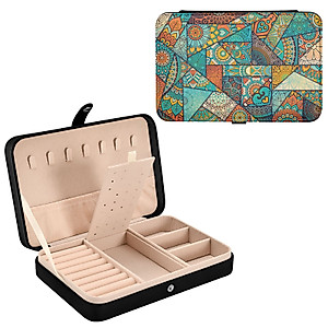 Oyihfvs Colorful Mandala Patchwork Islam, Arabic, Indian, Ottoman Motifs Leather Jewelry Bag, Jewelry Storage, Portable Jewelry Organizer Boxes for Women Lady Necklace, Earrings, Rings, Bracelet