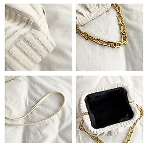 HDHTB Dumpling handbag cloud shape shoulder bag casual clutch purse pouch with chunky chain Jacquard velvet crossbody dupe (white)