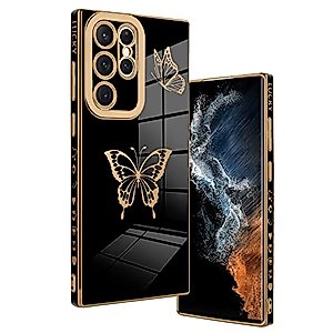 MZELQ for Samsung S22 Ultra 5G Case Butterflies Design for Women Girls,Cute Luxury Plating Edge Bumper Full Camera Lens Protection Cover for Galaxy S22 Ultra 5G 6.8“-Black