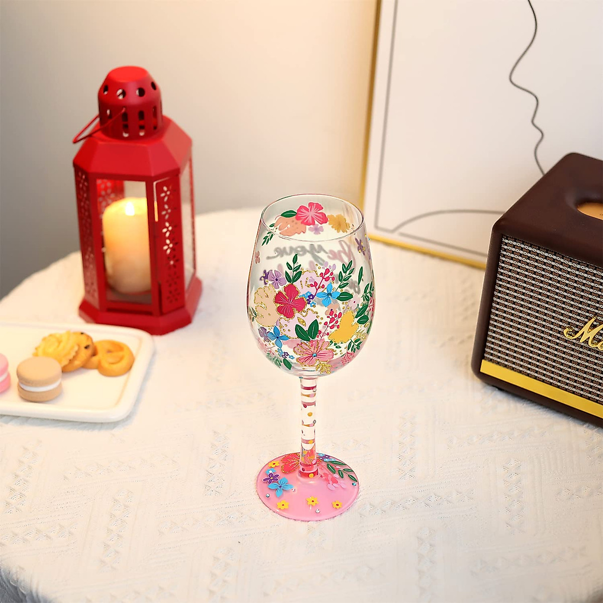 NymphFable Hand Painted Wildflowers Wine Glasses Birthday Wine Glass Birthday Gift for Women with Personalised Gift Box, 15oz