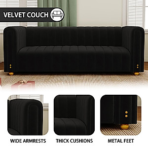 BuLaXong Velvet Couch Modern Tufted Sofa 3-Seater with Metal Ball Legs and Rounded armrest, Suitable for Living Room, Hotel, Office, or Apartment (01-black-51)